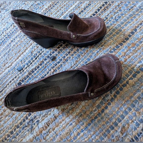 Clarks | Shoes | Indigo Clarks Brown Suede Clogs Wedges Mules 75 ...